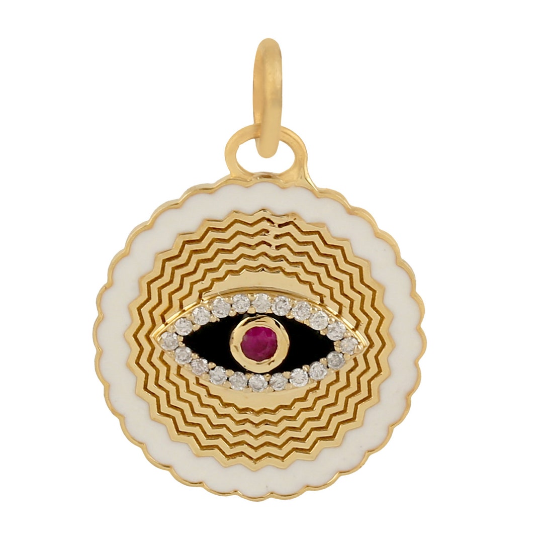 Studded Diamond Ruby Evil Eye Disc Pendant 14k Yellow Gold Handmade ...