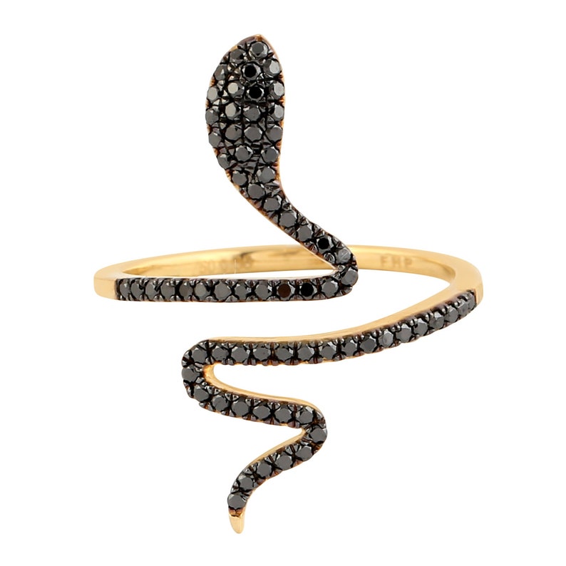 18k Yellow Gold Spiral Ring Black Diamond Snake Design Jewelry Unique ...