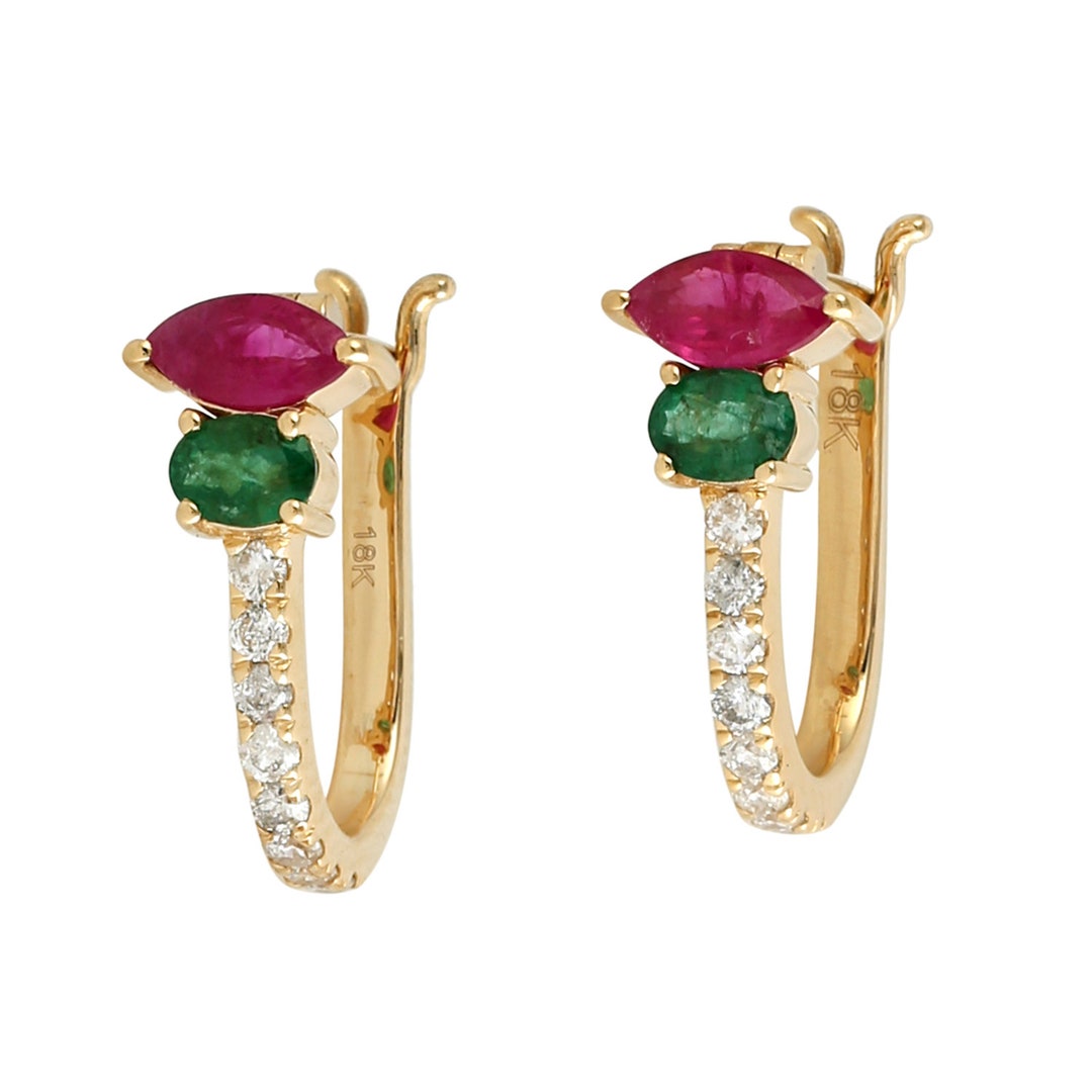 Barnaby 18K Yellow Gold Ruby & Emerald Pave Diamond Earrings, Lever Back Hoops - Etsy