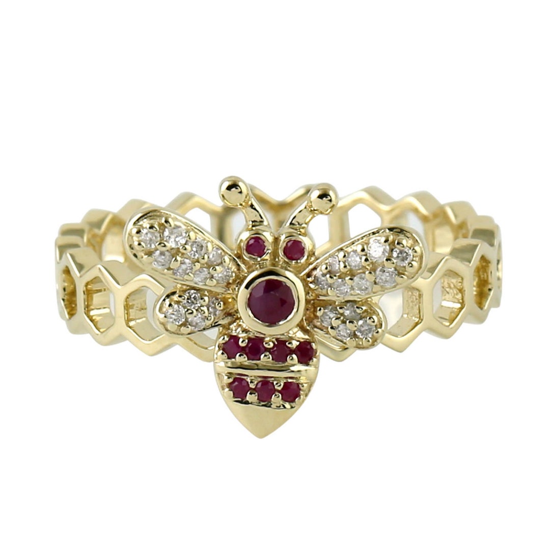 14k Gold Honey Bee Ring Pave Diamond & Ruby, Mother's Day Fine Jewelry ...