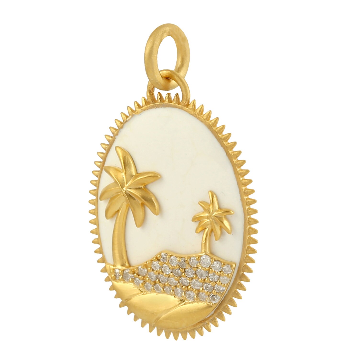 14k Yellow Gold Pave Diamond Coconut Palm Tree & Beach Charm Pendant ...