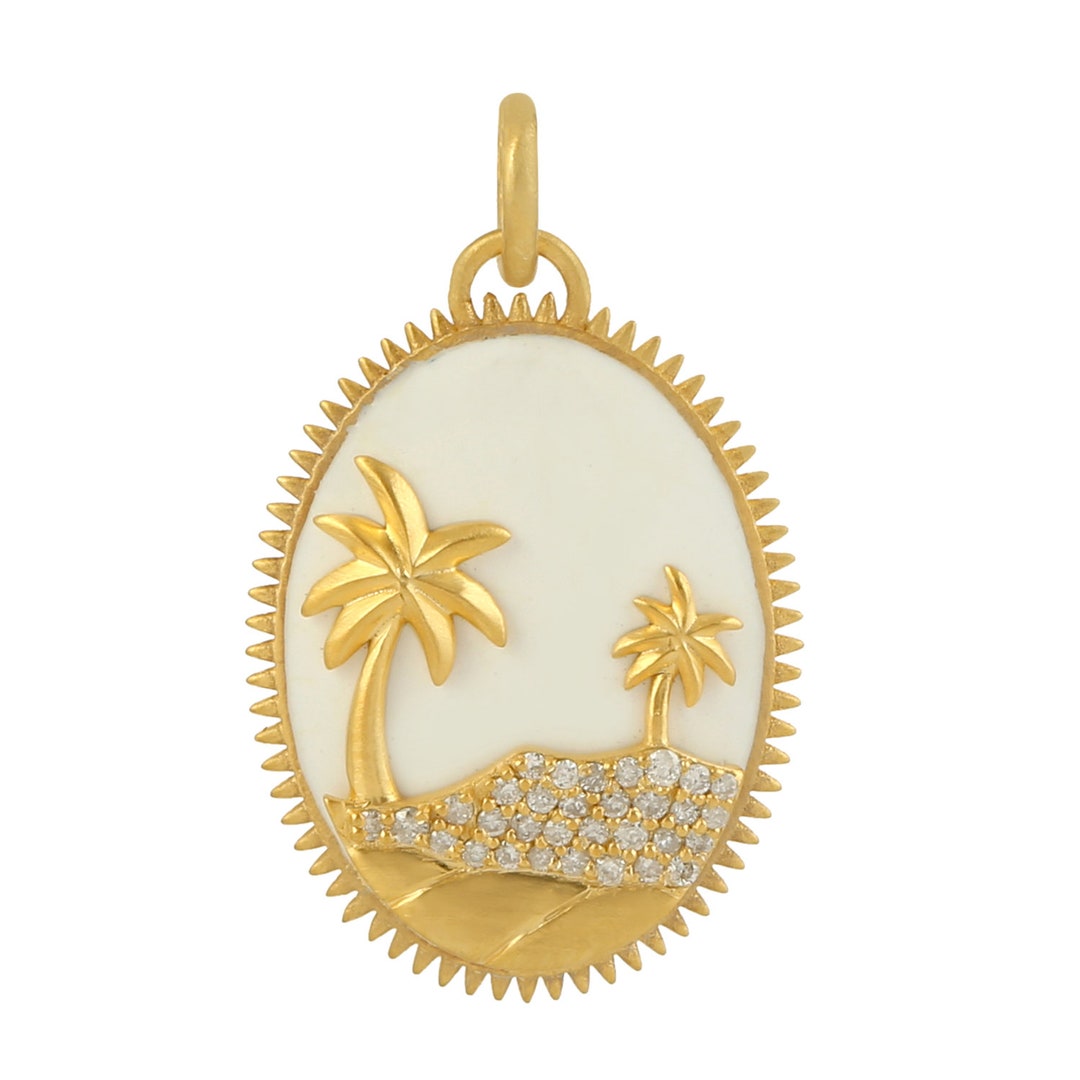 14k Yellow Gold Pave Diamond Coconut Palm Tree & Beach Charm Pendant ...