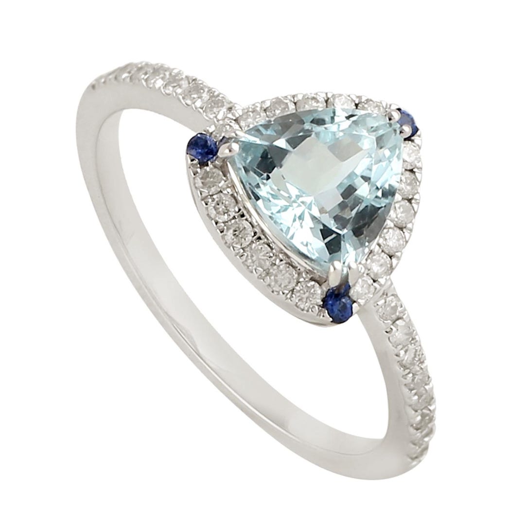 Triangle Cut Aquamarine Ring, Prong Set With Blue Sapphire & Diamond ...