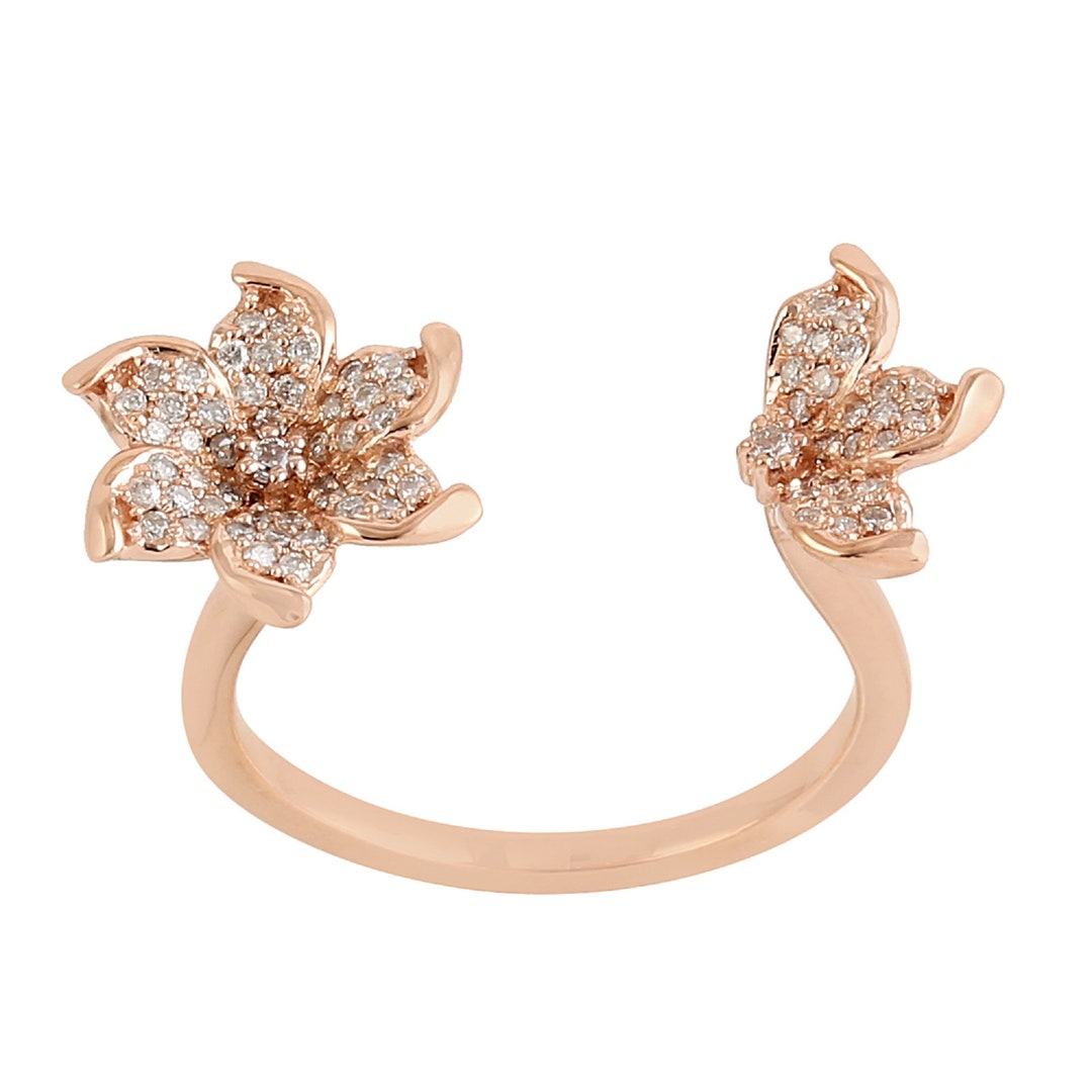 18k Rose Gold Pave Diamond Between the Finger Flower Shape Ring Jewelry ...