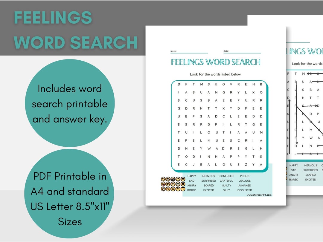 Feelings Word Search Printable Page With Solutions for Kids & Adults ...