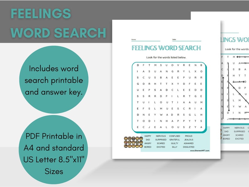 Feelings Word Search Printable Page With Solutions for Kids & Adults ...