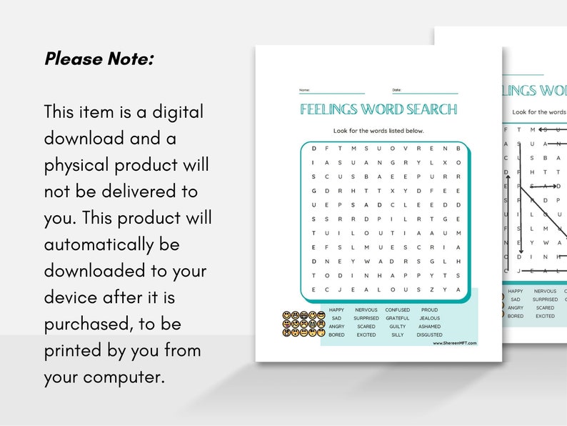 Feelings Word Search Printable Page With Solutions for Kids & Adults ...
