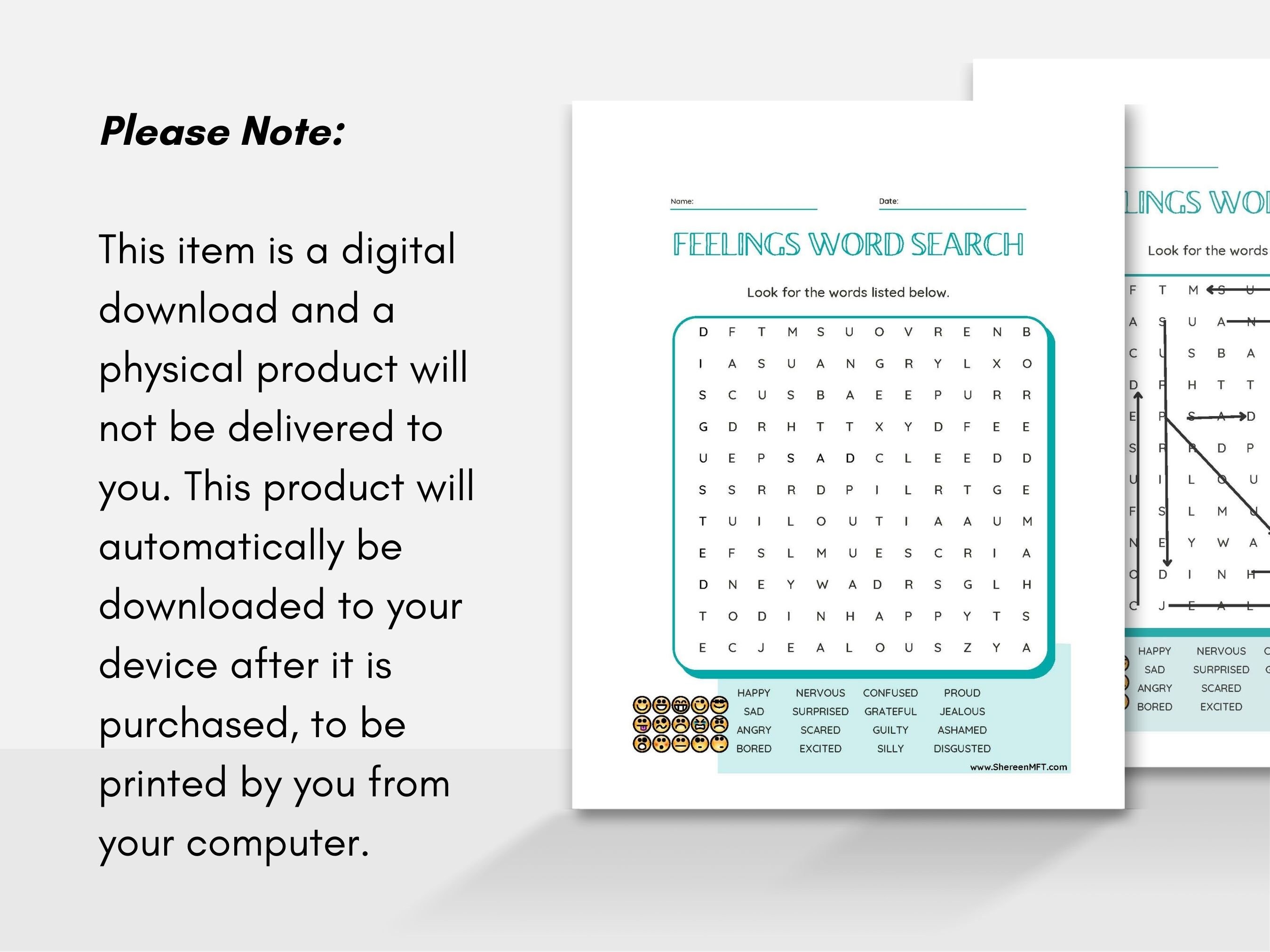 Feelings Word Search Printable Page With Solutions for Kids & Adults ...