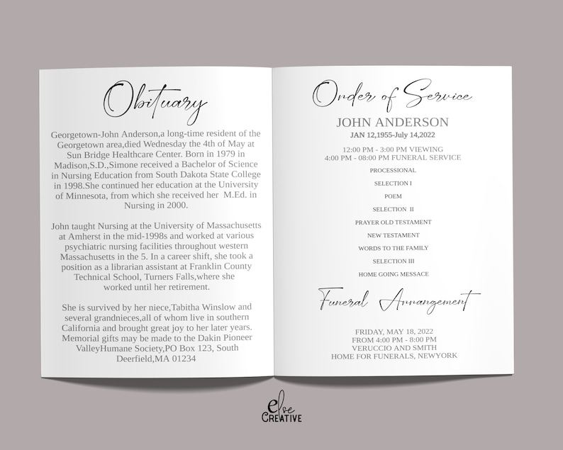 Minimalist Funeral Program Template: Editable Photo Obituary (digital ...