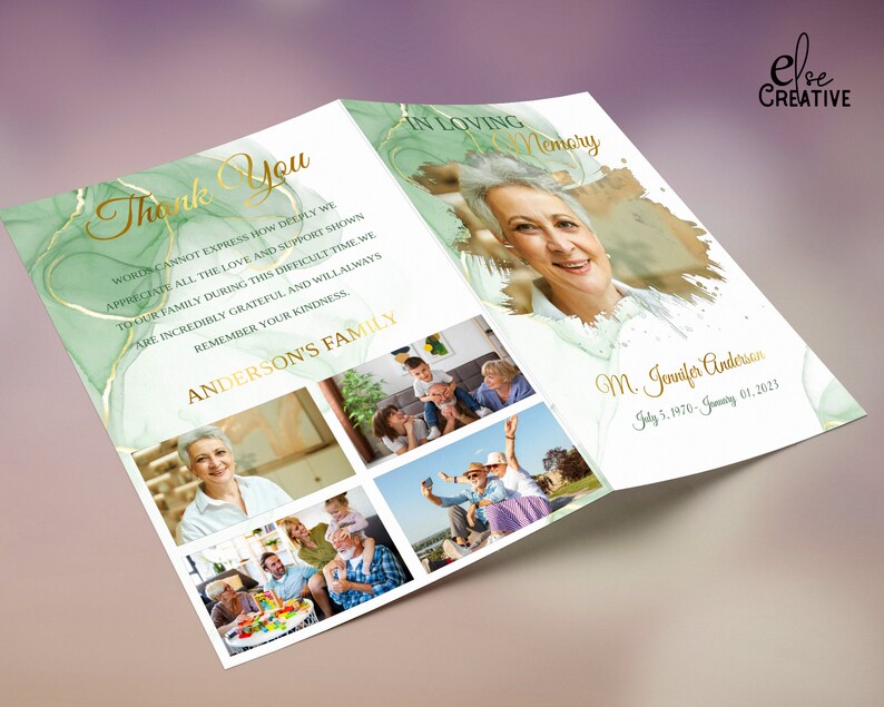 Green & Gold Funeral Program Template: Celebration of Life (digital ...