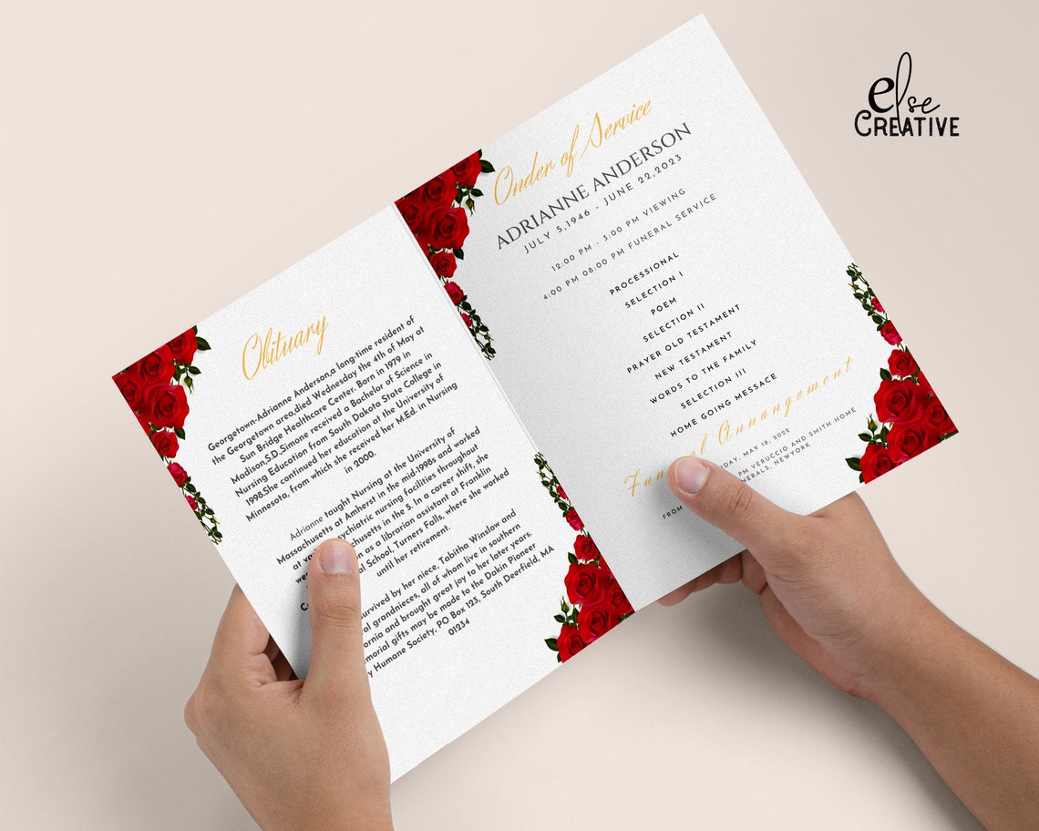 Red Roses Funeral Program Template: Memorial Service (PDF) - Etsy