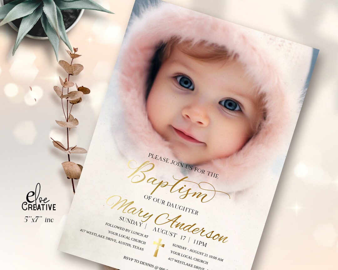Photo Baptism Invitation Template: Simple Gold Script (digital Download ...
