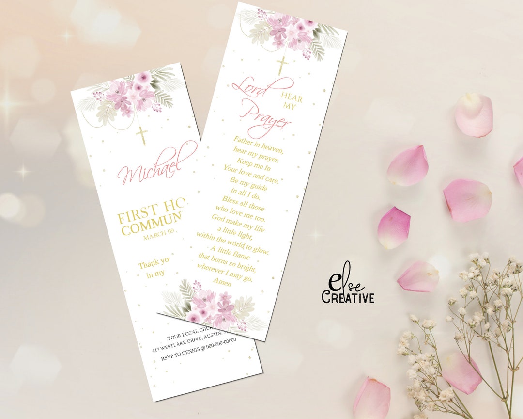 First Communion Bookmark ,pink Flowers Communion Bookmark, First ...