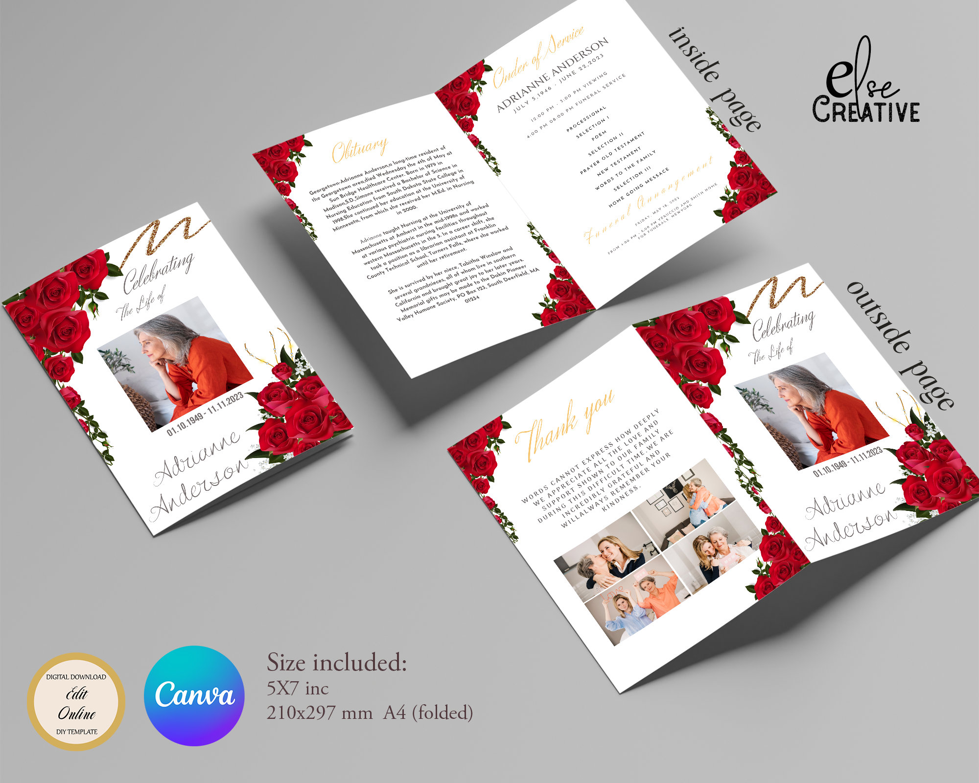 Red Roses Funeral Program Template,in Loving Memory,memorial Program ...