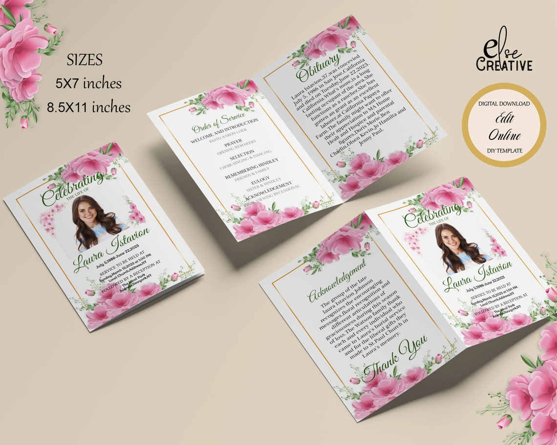 Pink Flowers Funeral Program,funeral Template,memorial Program,obituary ...