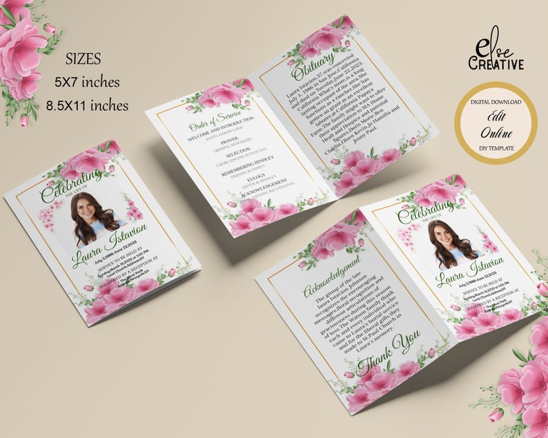 Pink Flowers Funeral Program,funeral Template,memorial Program,obituary ...