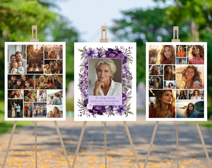 Celebration of Life Funeral Poster Purple Photo Collage Funeral Welcome ...