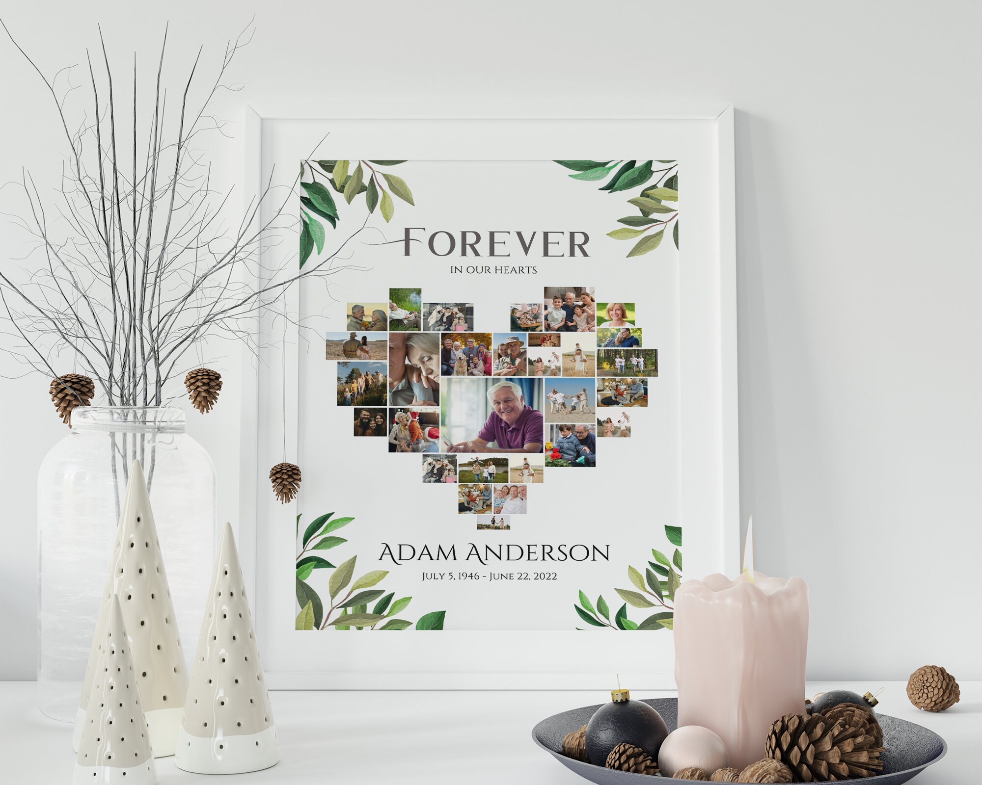 Celebration of Life Photo Collage Poster: Green Leaves Heart (canva ...