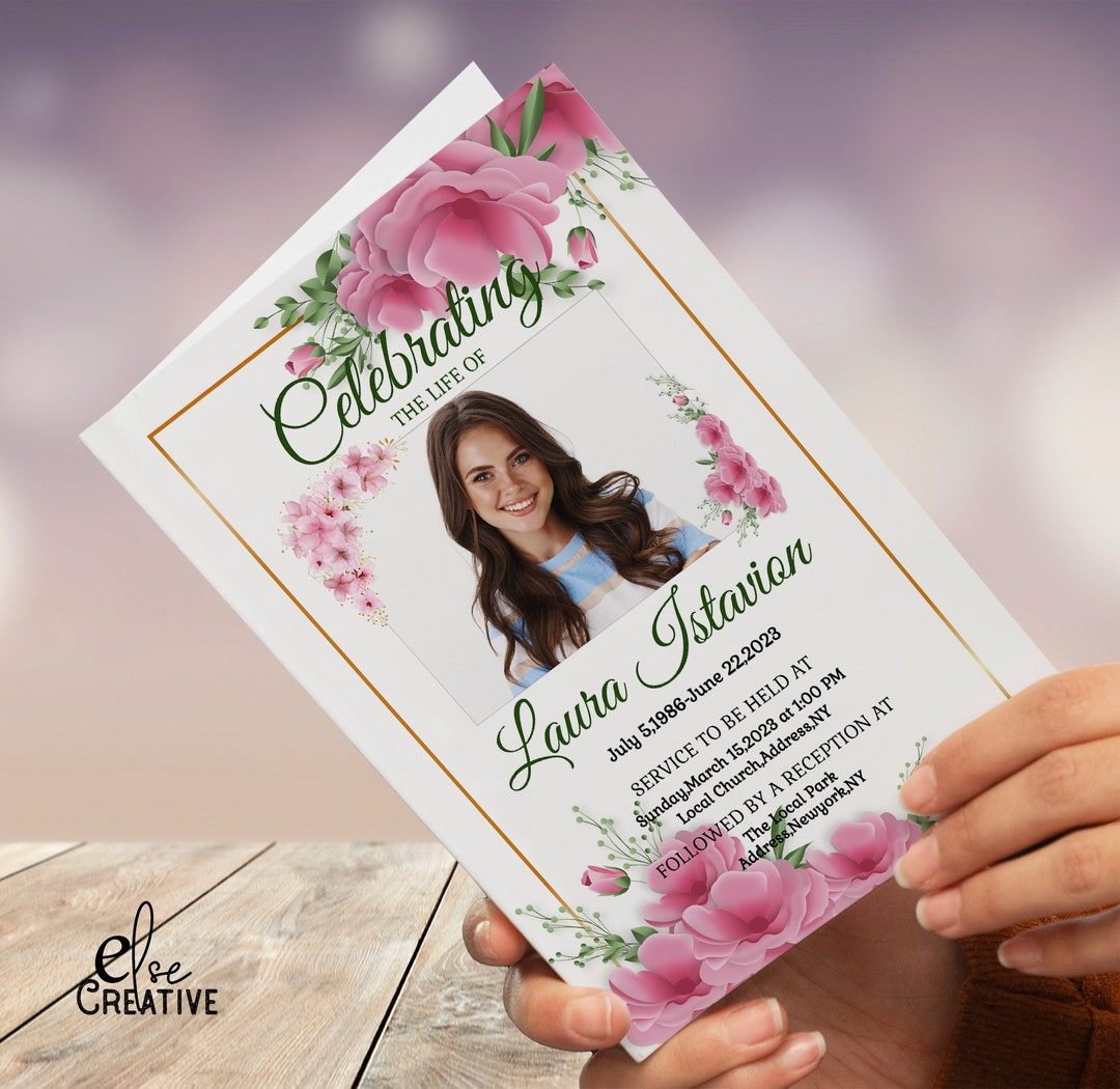 Pink Flowers Funeral Program,funeral Template,memorial Program,obituary ...