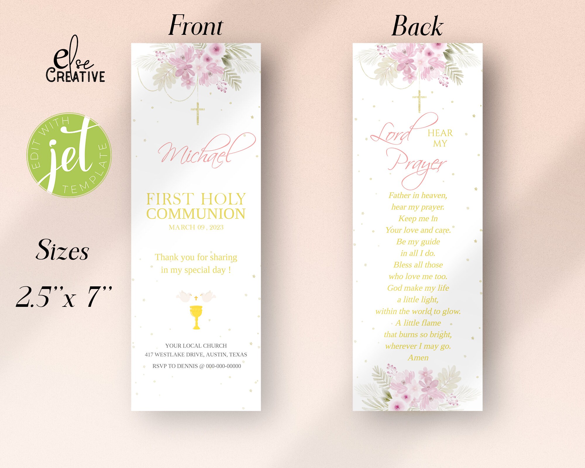First Communion Bookmark ,pink Flowers Communion Bookmark, First ...