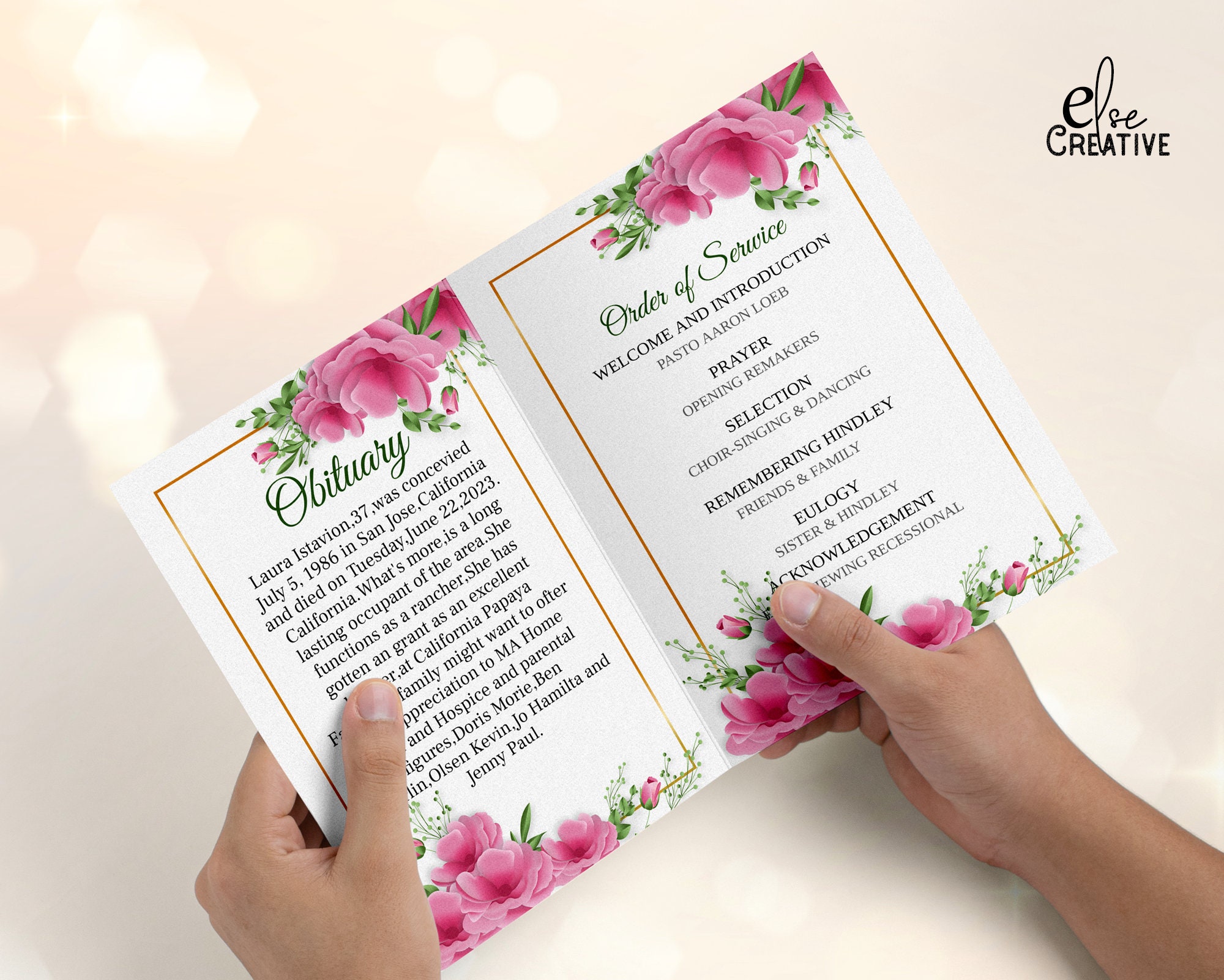 Pink Flowers Funeral Program,funeral Template,memorial Program,obituary ...