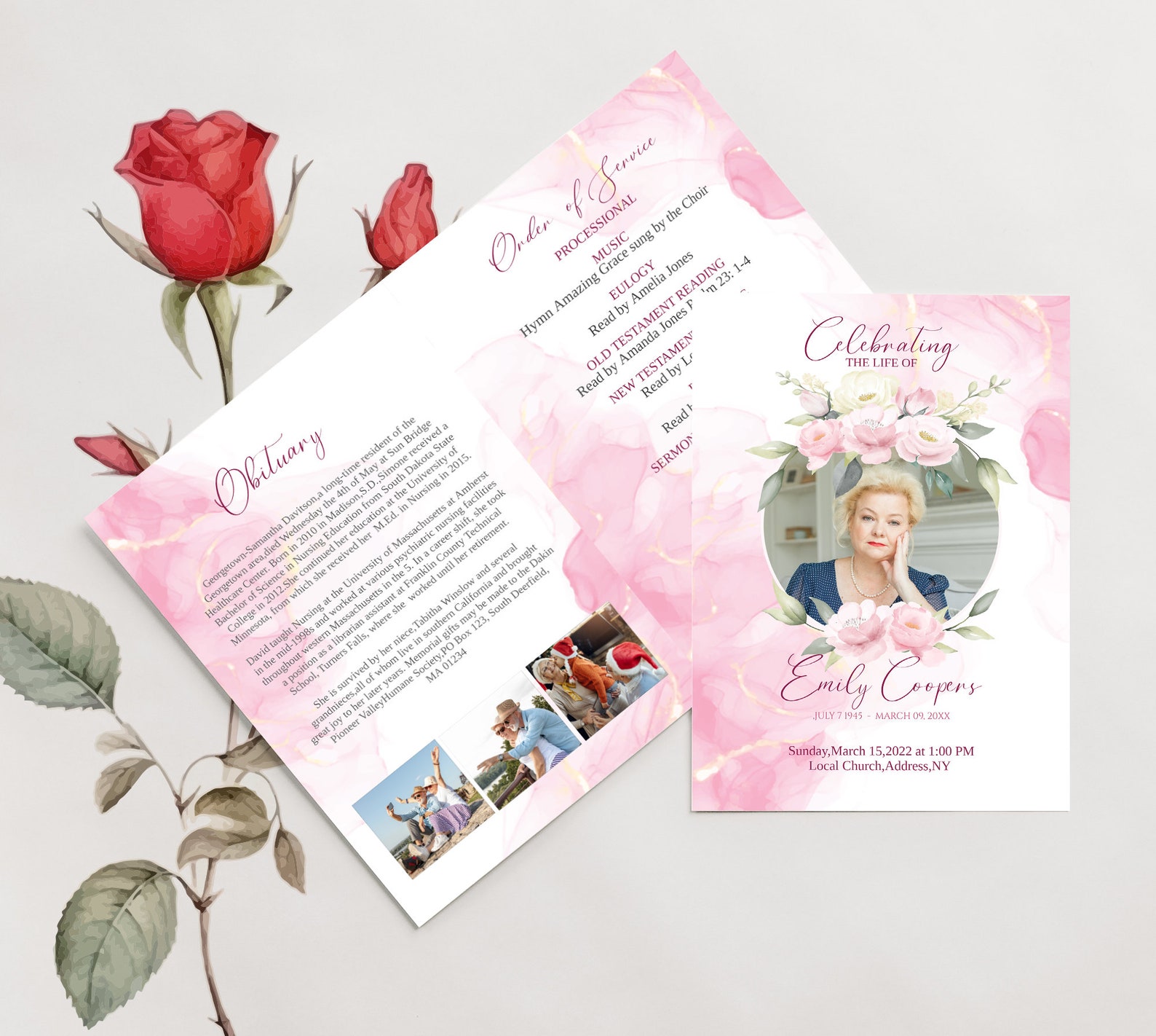 Pink Roses Funeral Program, Funeral Program for Woman, Funeral ...