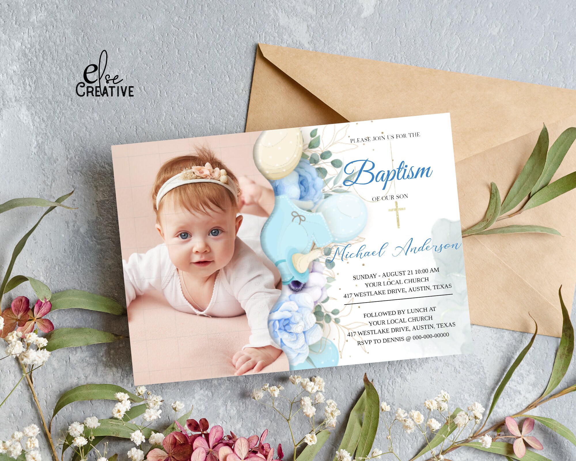 Blue Baptism Invitation Template, Christening, Communion Invitation ...
