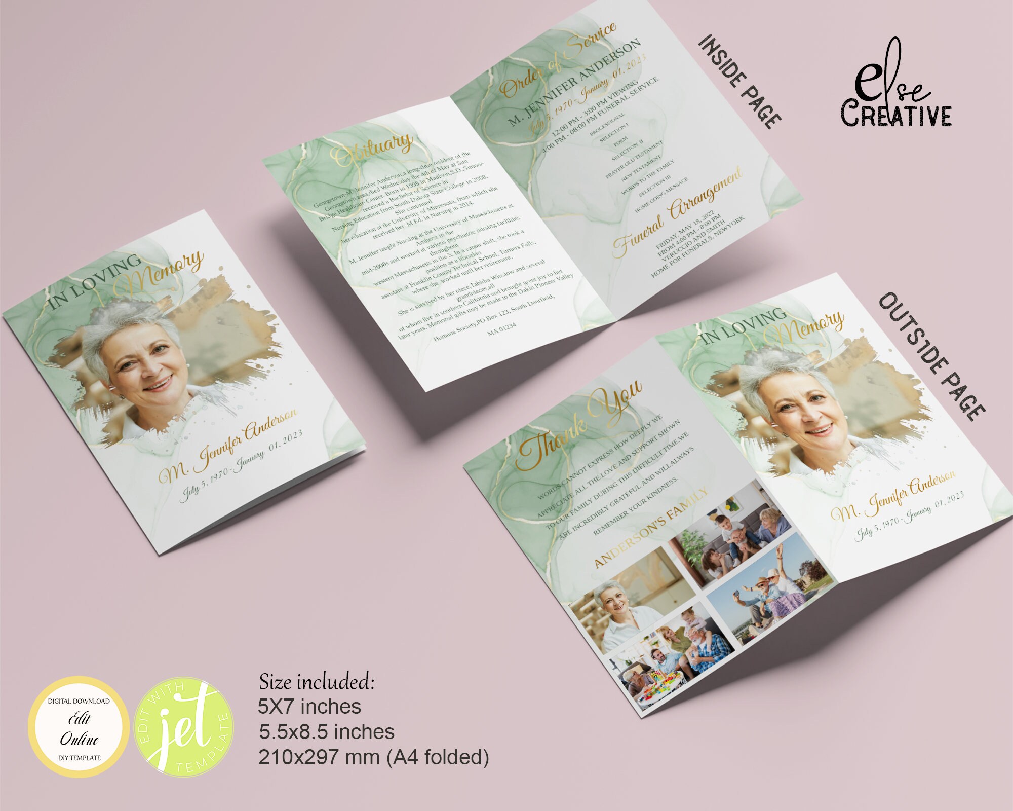 Green & Gold Funeral Program Template: Celebration of Life (digital ...