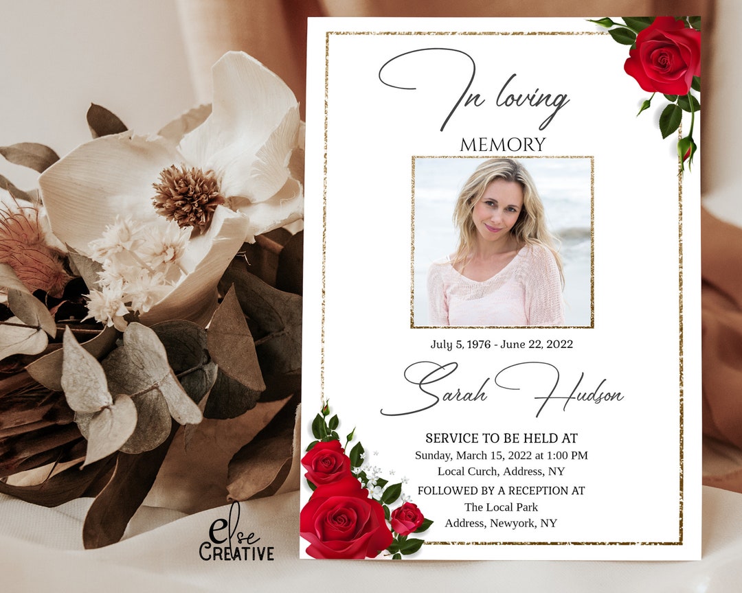 Red Roses Funeral Invitation,funeral Invites for Woman, Funeral ...