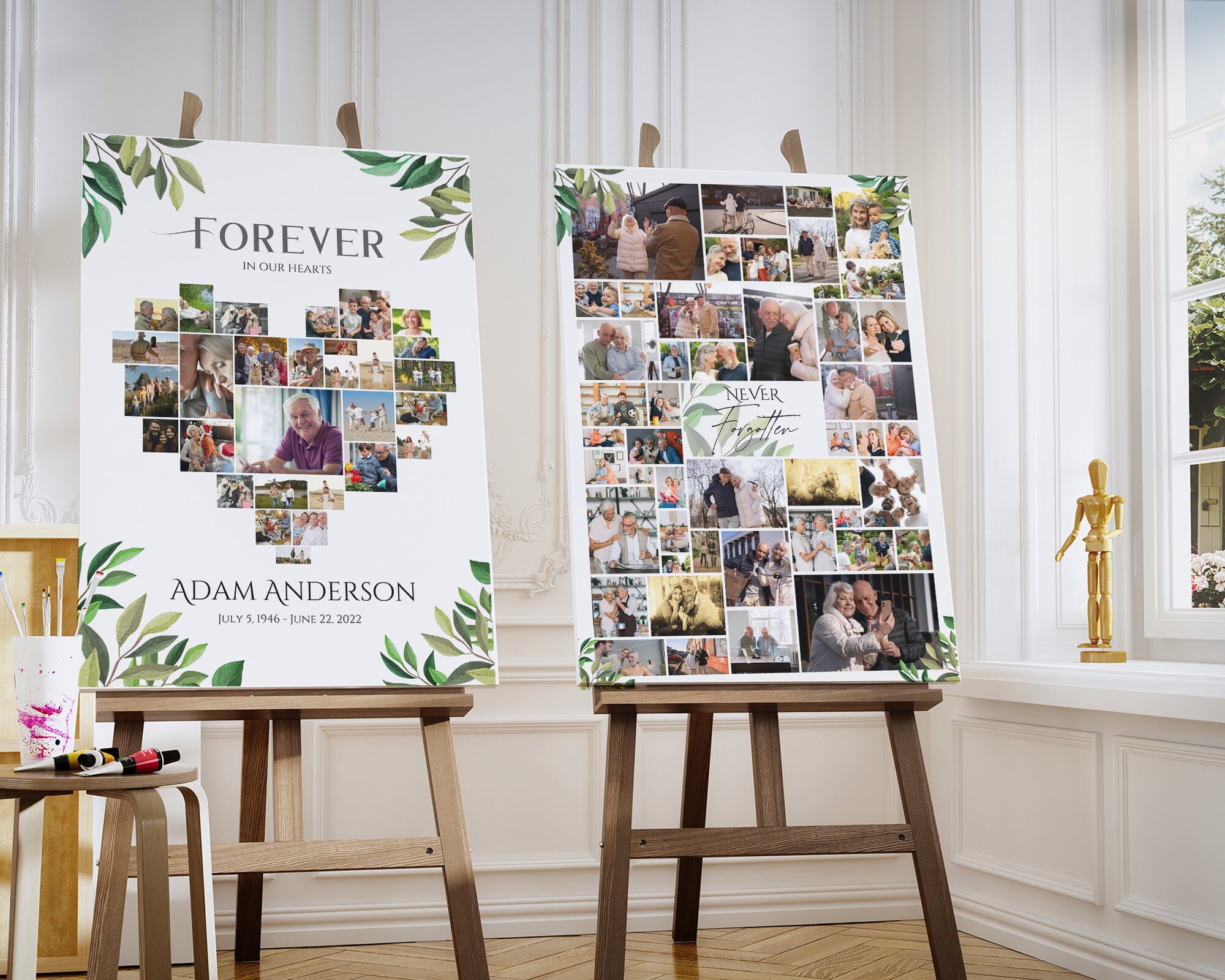 Celebration of Life Funeral Poster, Editable Green Leaves Heart Photo ...