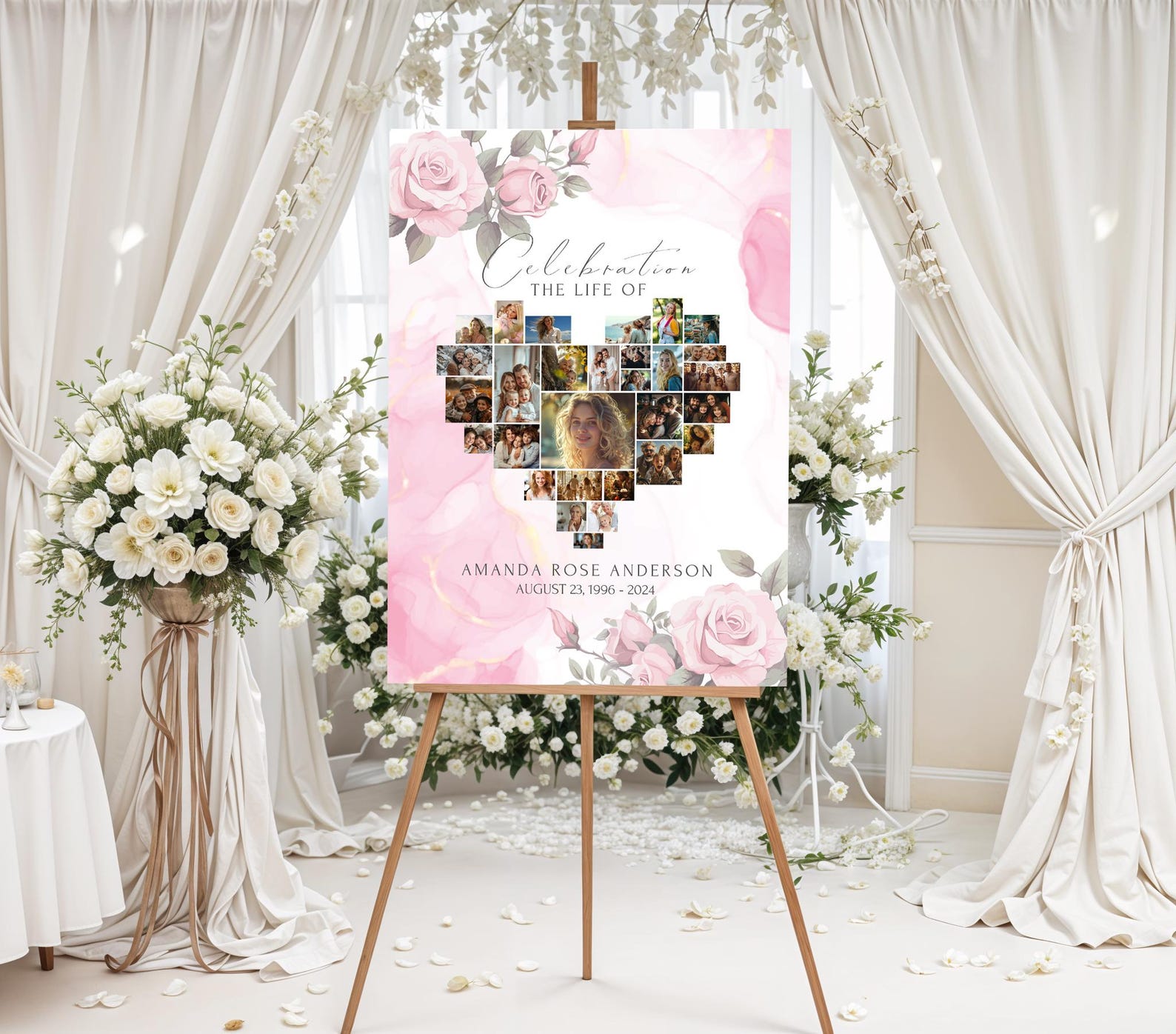 Pink Roses Funeral Heart Photo Collage Template (digital Download) - Etsy