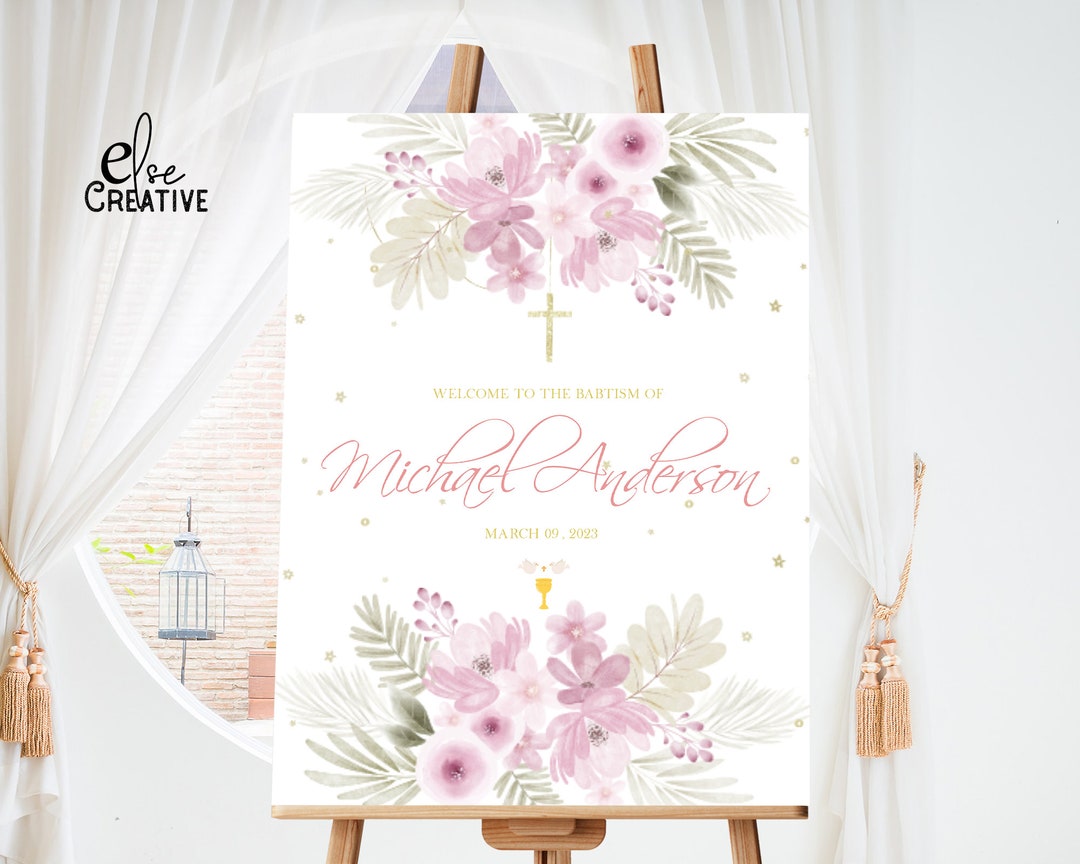 Printable Baptism Welcome Sign, Christening Welcome Sign, Pink Flowers ...