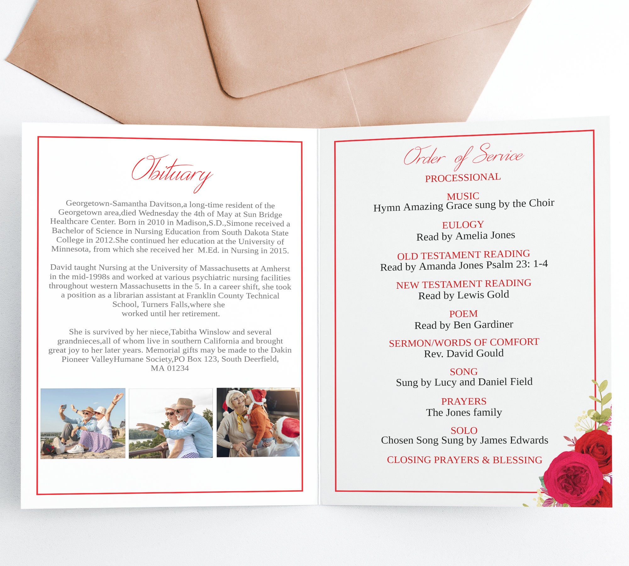 Editable Funeral Program Template, Funeral Memorial, Red Roses Service ...