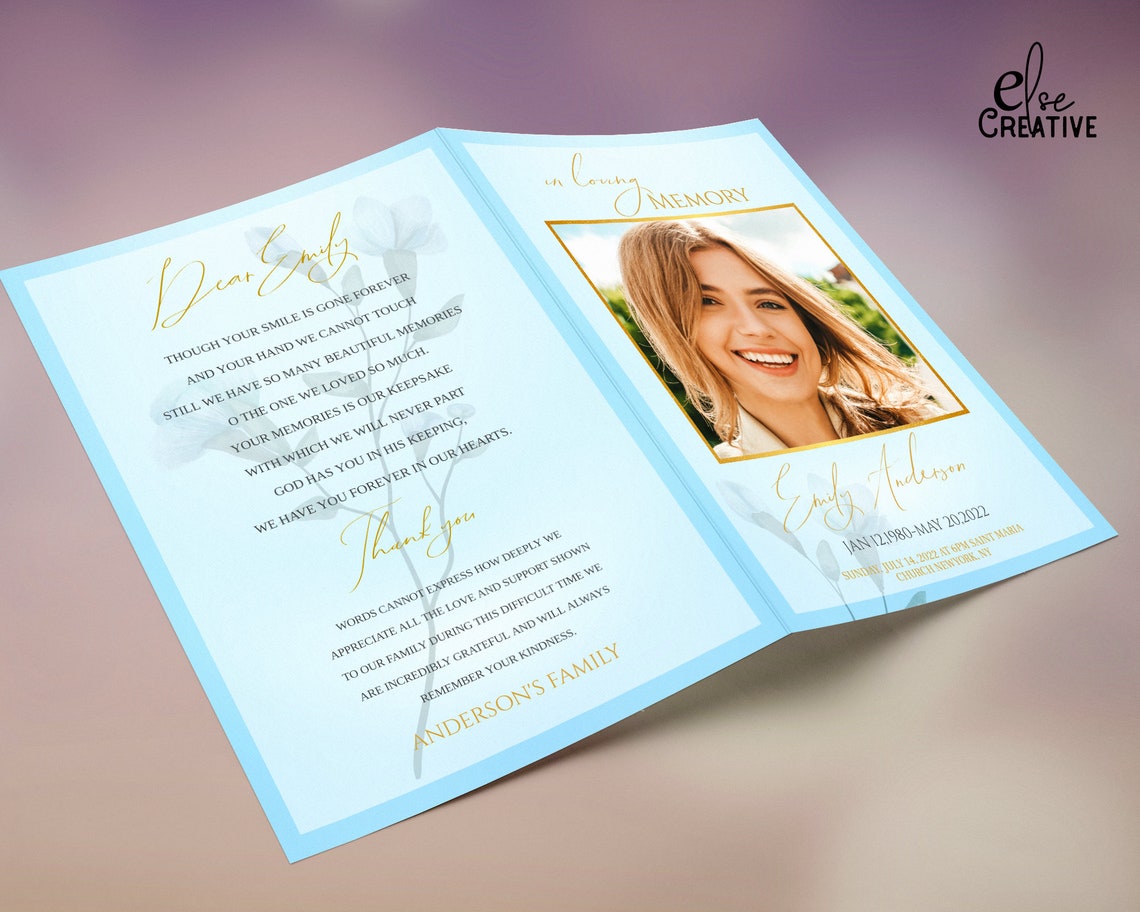Blue Flowers Floral Printable Memorial Program Printable Funeral ...