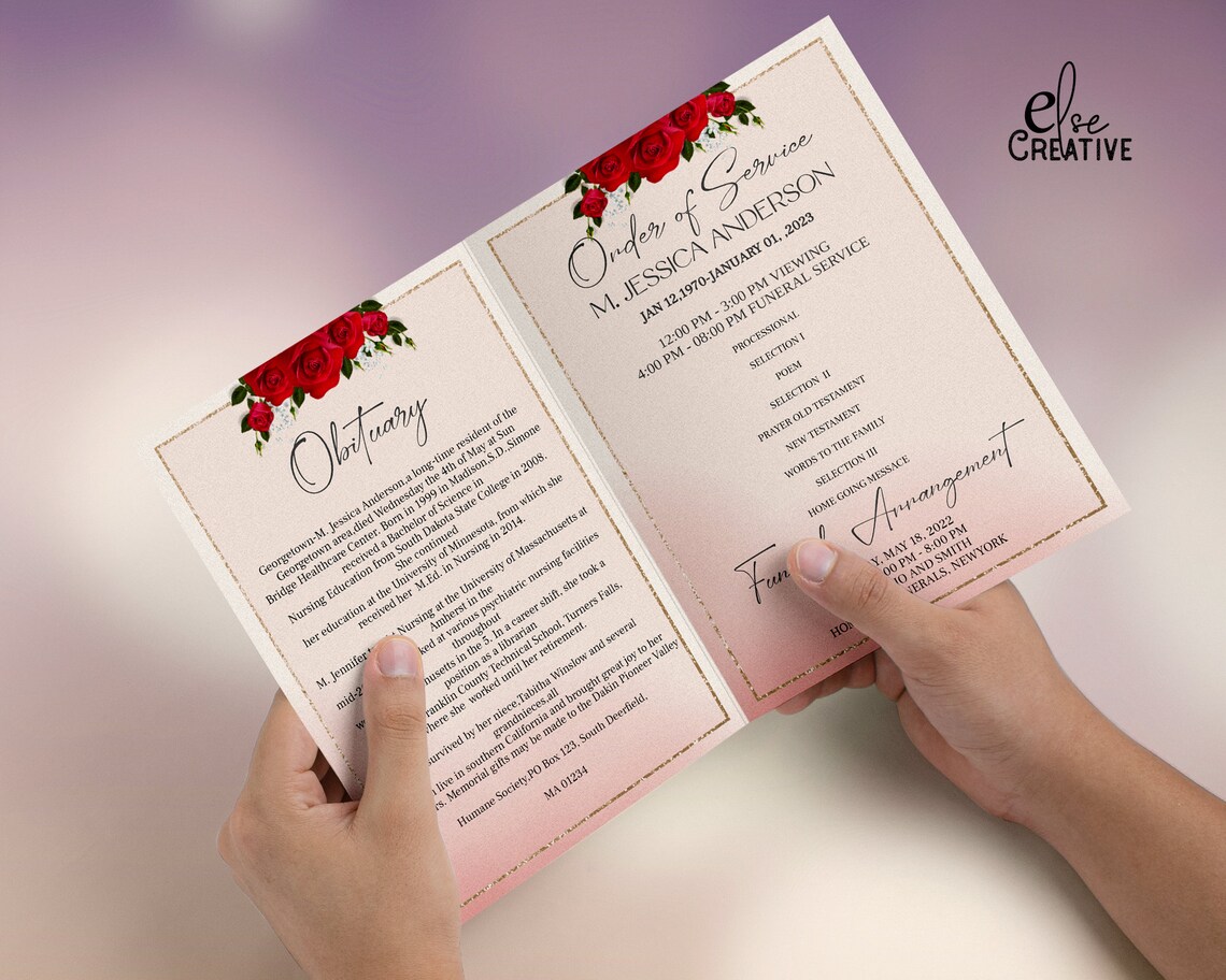 Editable Funeral Program Template, Memorial Service Template, Red Roses ...