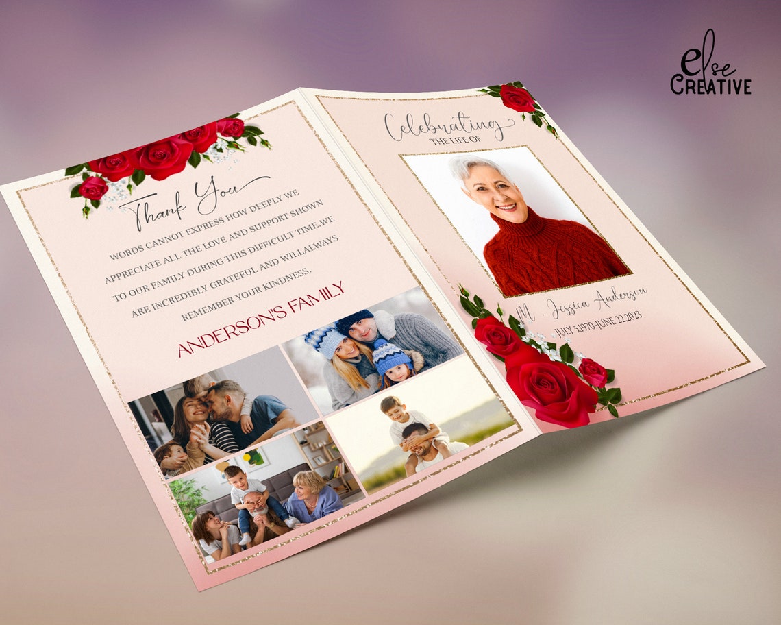 Editable Funeral Program Template, Memorial Service Template, Red Roses ...