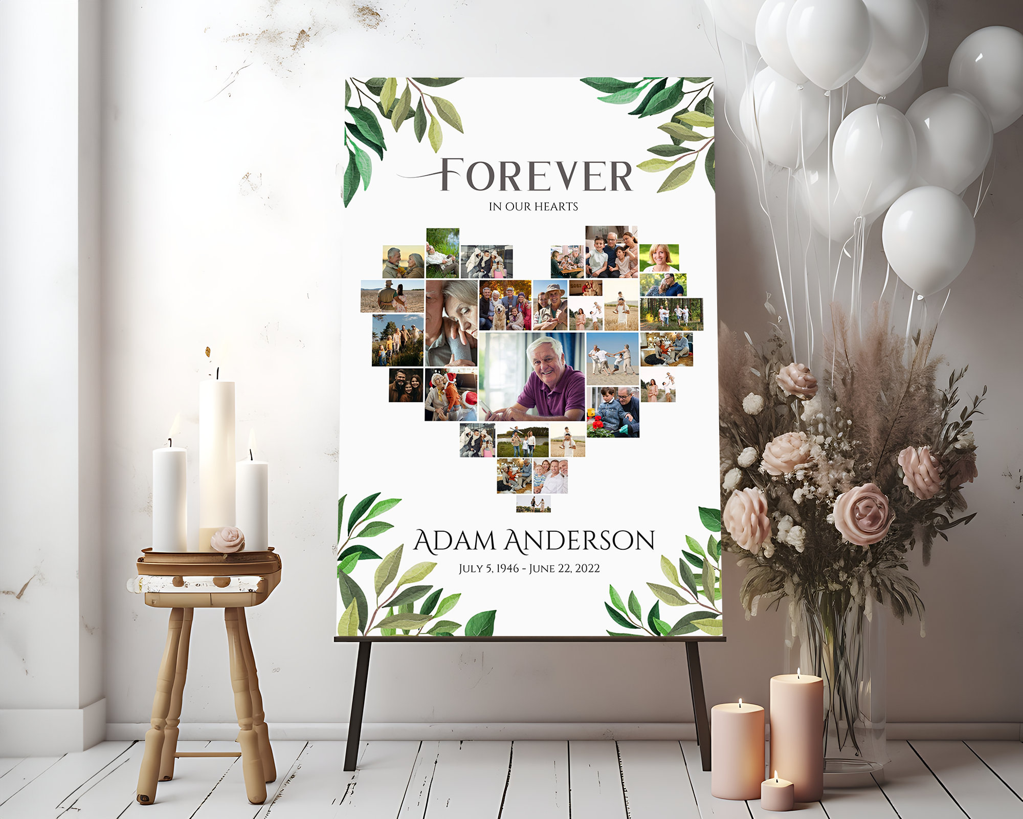 Celebration of Life Photo Collage Poster: Green Leaves Heart (canva ...