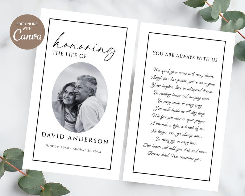Editable Funeral Prayer Card Template: Memorial Keepsake (canva Digital ...