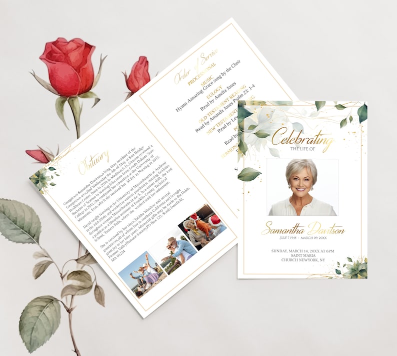 Editable Funeral Program Template, Funeral Memorial, Green Leaves ...