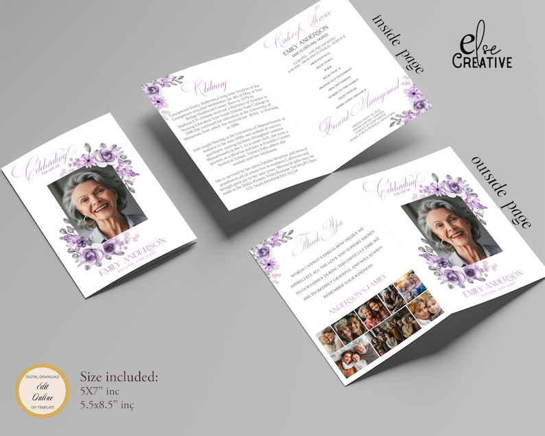 Editable Purple Floral Funeral Program Template (5x7, 5.5x8.5) (digital ...