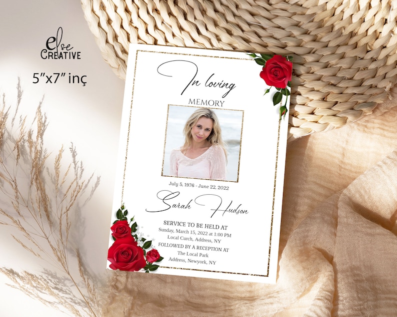 Red Roses Funeral Invitation: Memorial Announcement (5x7'' Digital ...