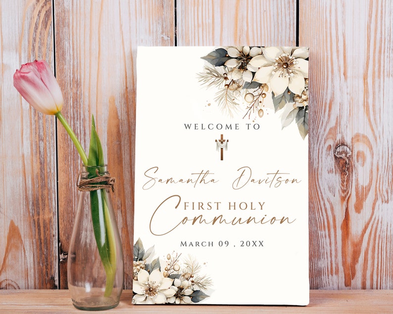 White Flowers First Communion Welcome Sign Template (editable in Canva ...