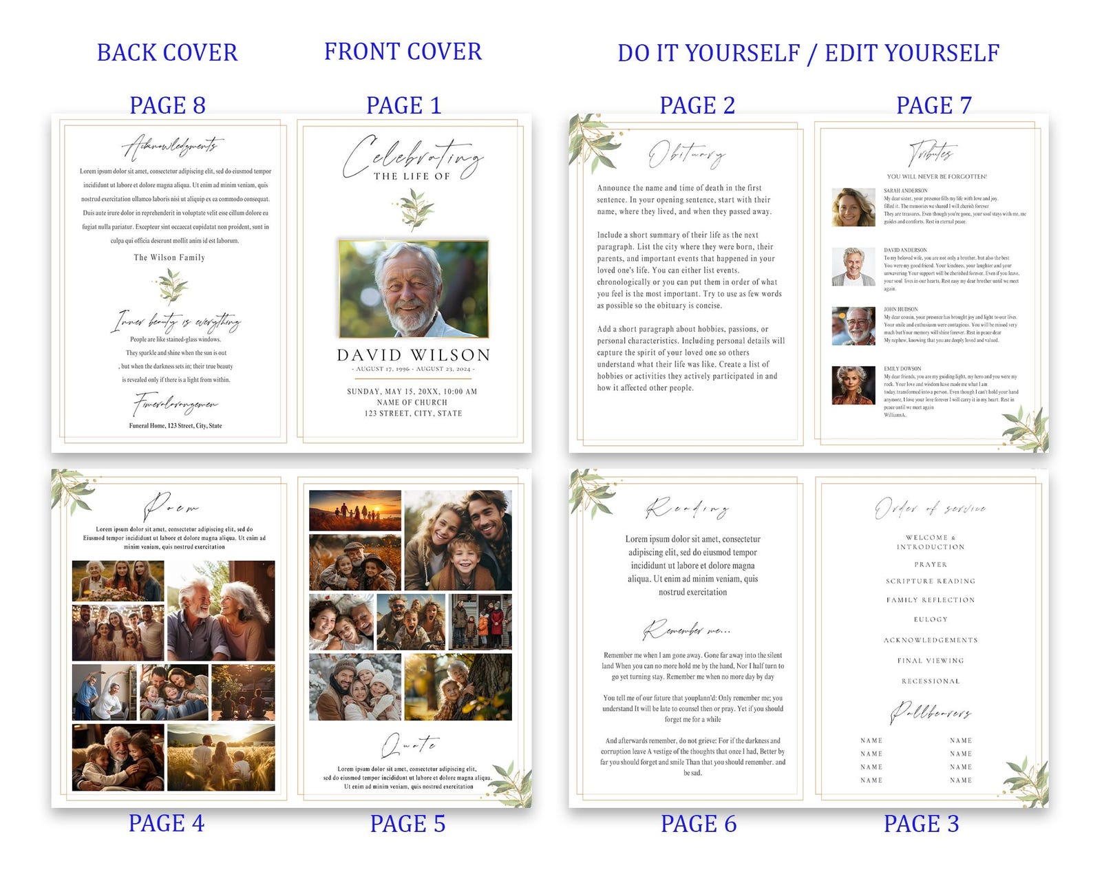 8 Page Funeral Program Template, Canva Funeral Template Printable ...