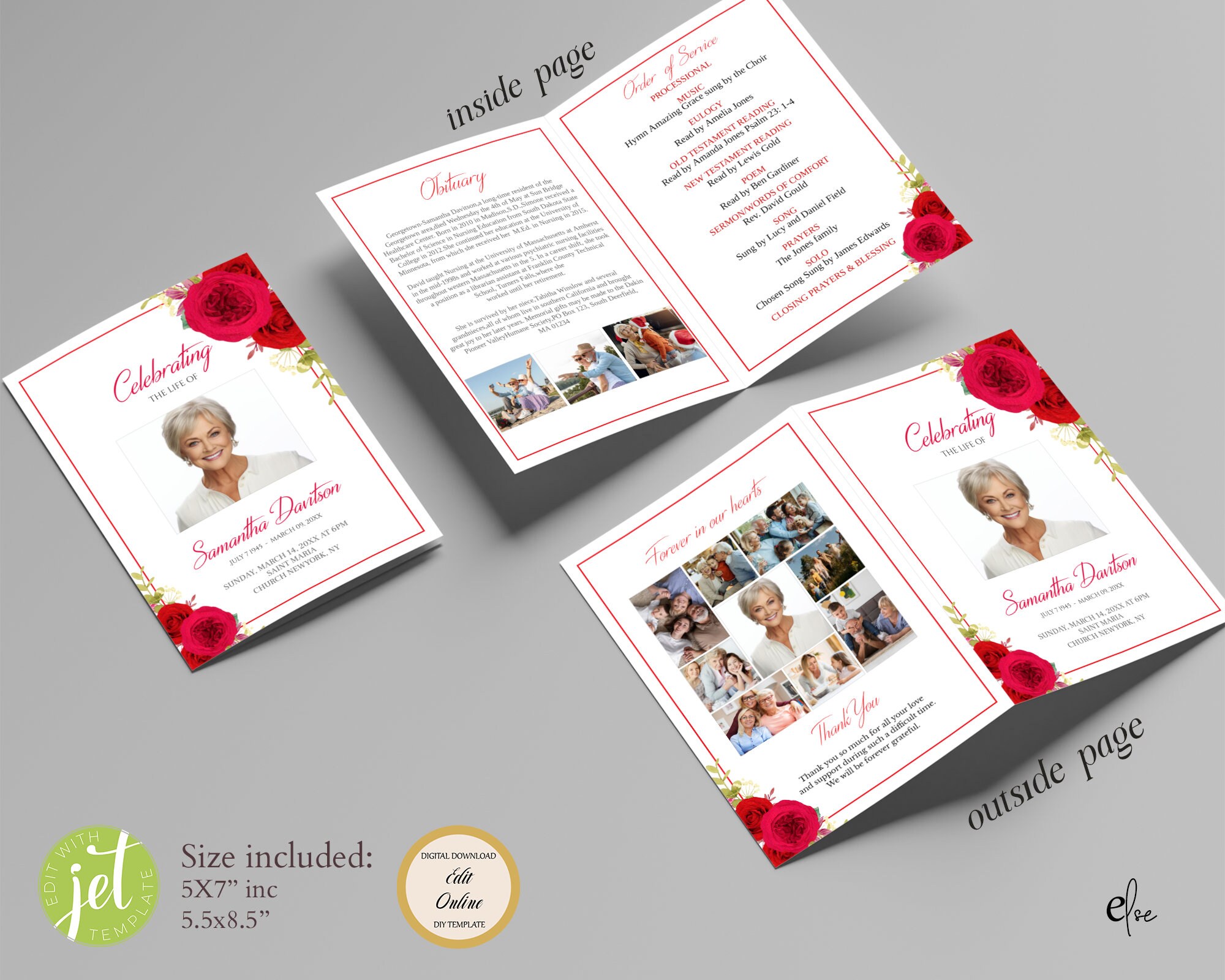 Editable Funeral Program Template, Funeral Memorial, Red Roses Service ...
