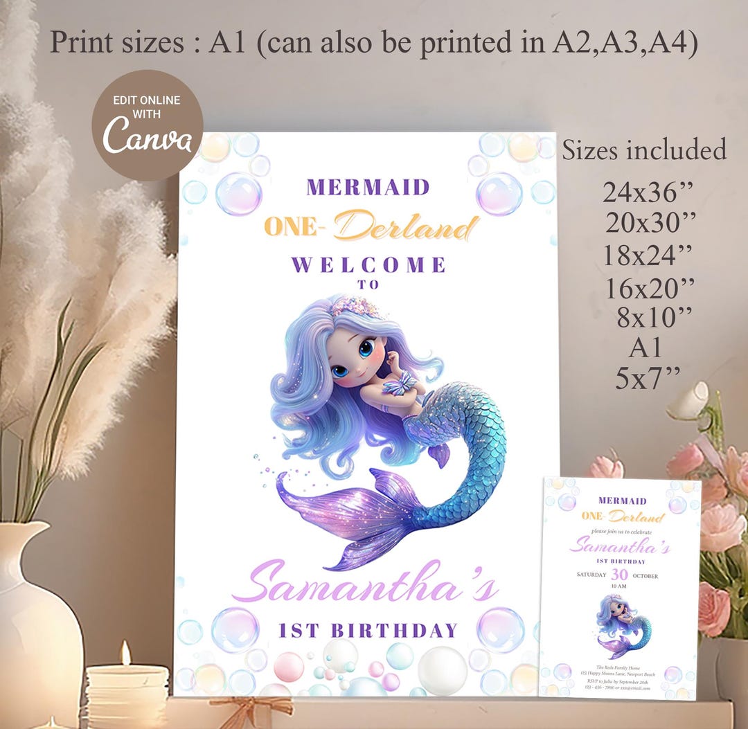 Mermaid One-derland Birthday Invitation & Welcome Sign Set | Editable ...