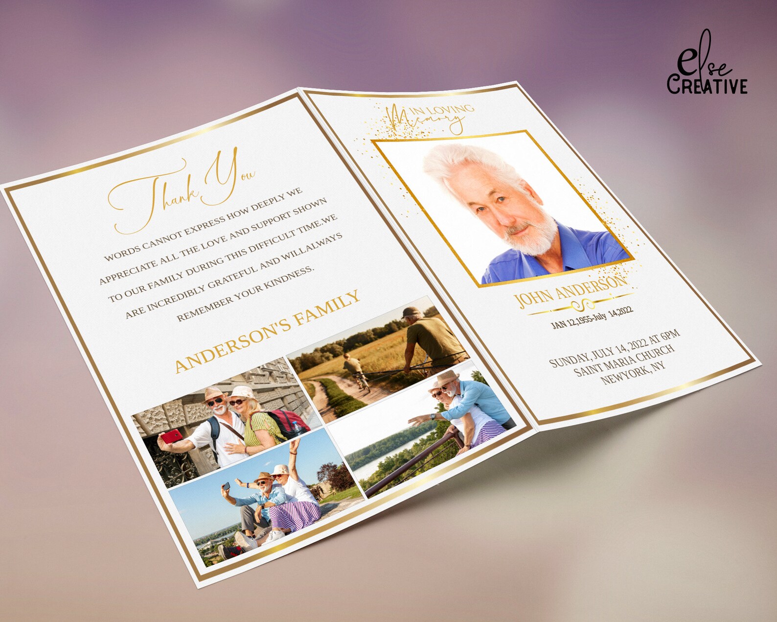 Plantilla de programa funerario con marco dorado: obituario ...