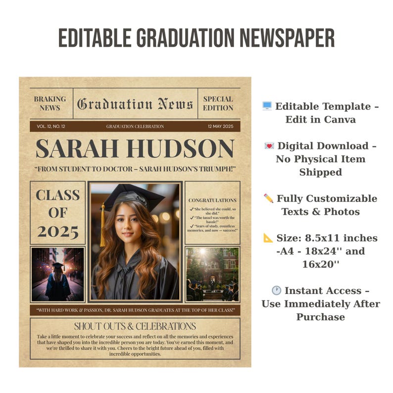 Graduation Newspaper Announcement Template: Editable Canva Design ...