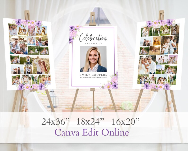 Funeral Photo Collage Sign Template: Purple Floral Memorial (canva Edit ...