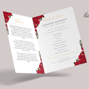 Red Roses Funeral Program Template: Memorial Service (PDF) - Etsy