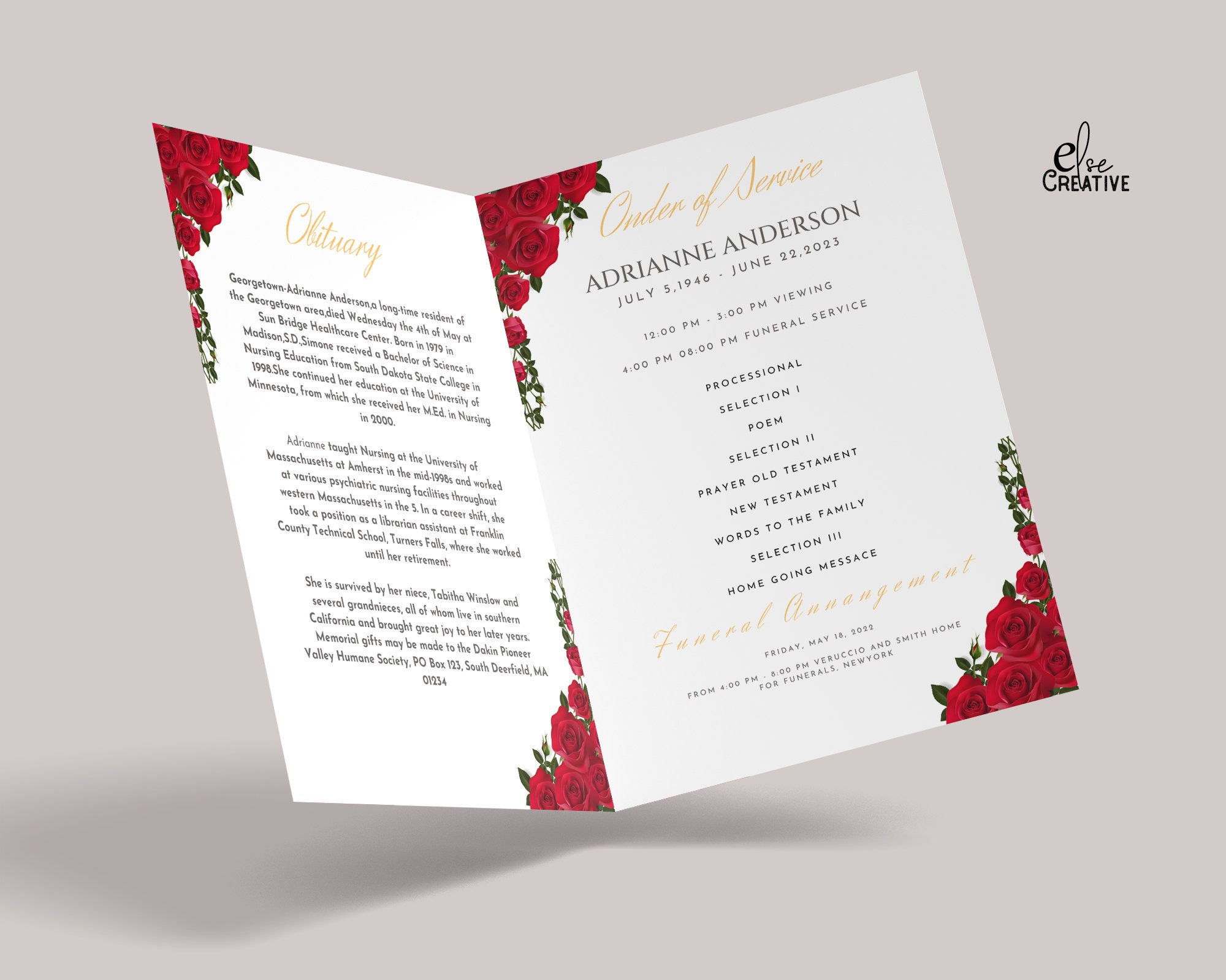 Red Roses Funeral Program Template,in Loving Memory,memorial Program ...